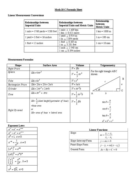 Math 10c Formula Sheet Pdf Area Physical Quantities