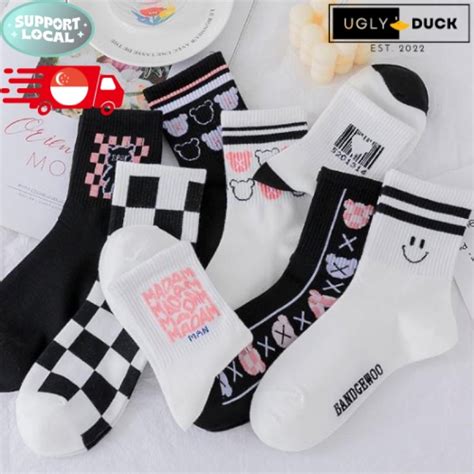 Sg Ready Stock Cotton Long Tube Scoks Bear Girl Y2k Style Cotton Women Black White Korea