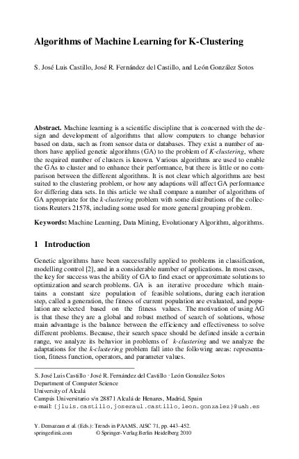Pdf Algorithms Of Machine Learning For K Clustering