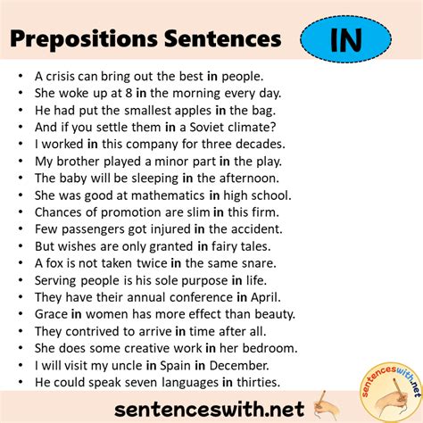 Preposition In Sentences Examples Preposition In In A Sentence
