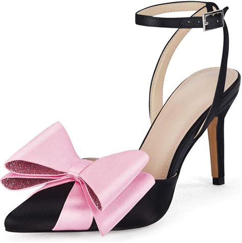 Rhinestone Black Double Bow Ankle Strap Stiletto Heels 65 White