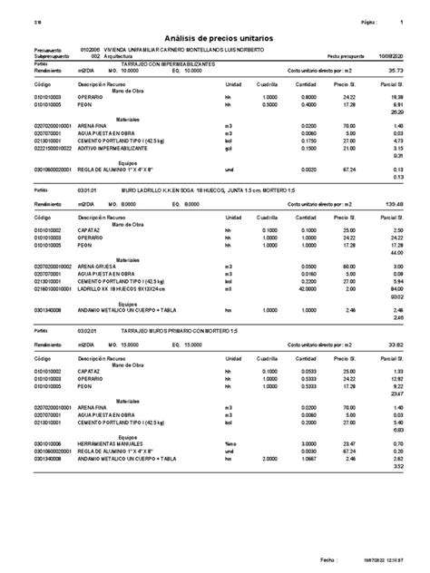 Analisis De Costos Unitarios Arquitectura Pdf Material Compuesto