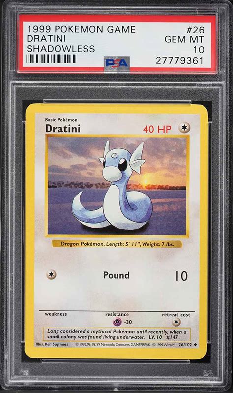 1999 Pokemon Base Set Shadowless Dratini 26 Psa 10 Gem Mint Lowpopping