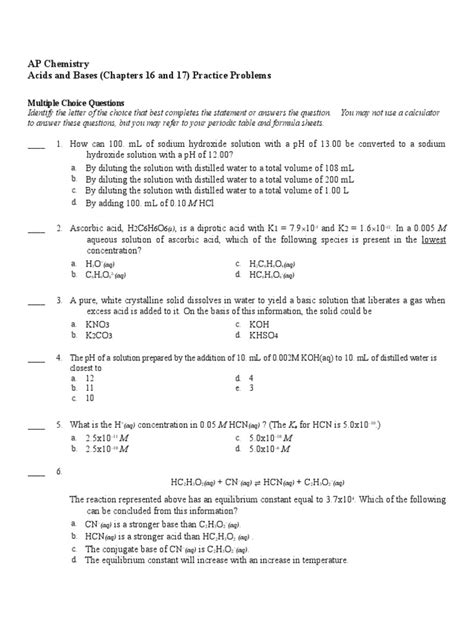 Ap Acids And Bases Practice Problems 2020 Pdf Acid Ph