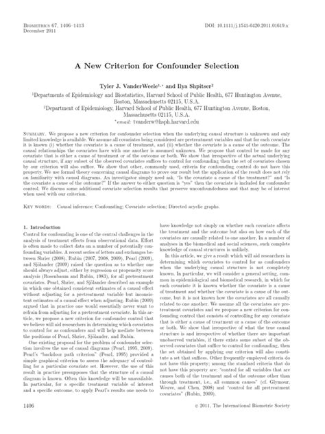 A New Criterion For Confounder Selection Vanderweele Tyler J And Ilya Shpitser Pdf