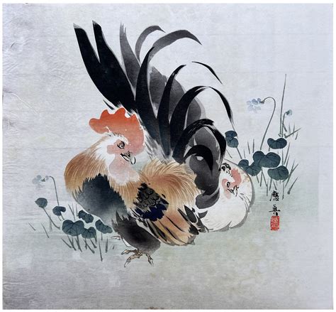 Rooster And Chicken Maruyama Oshin Ukiyo E Ukiyo E For Sale