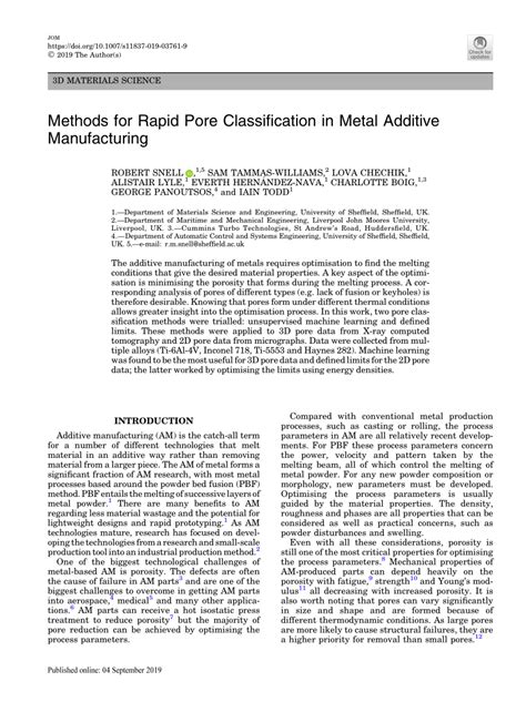 Pdf Methods For Rapid Pore Classification In Metal Additive Manufacturing