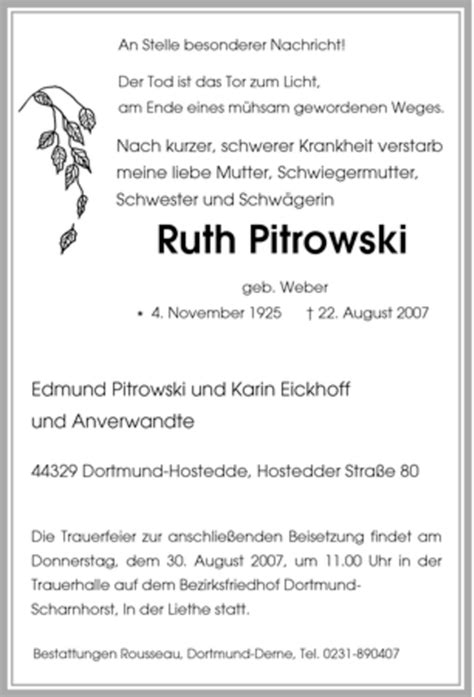 Traueranzeigen Von Ruth Pitrowski Trauer In Nrw De