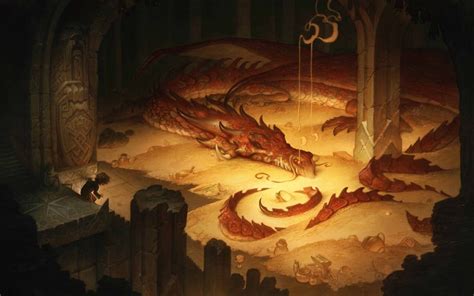 Smaug The Dragon Sleeping On Gold With Bilbo Baggins In The Hobbit Hd