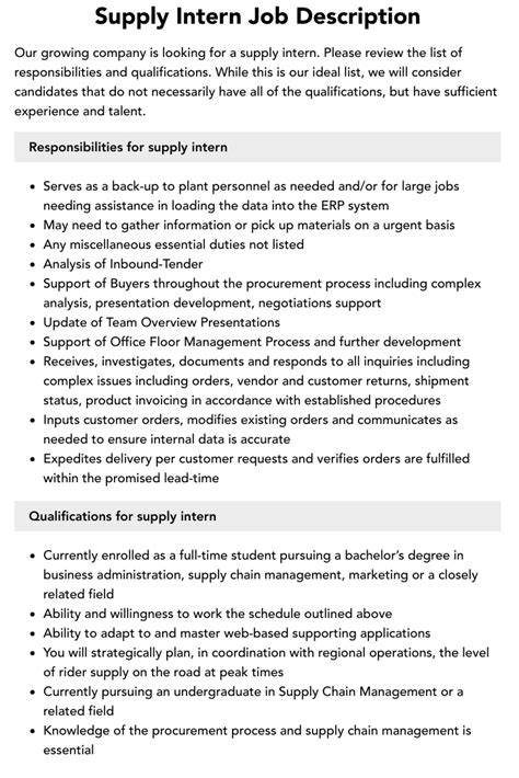Supply Intern Job Description Velvet Jobs