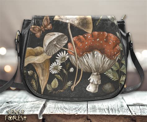 Boho Forest Witch Black Vegan Leather Saddle Bag Women Mushroom Crossed