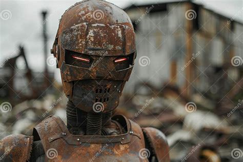 Rusted Robot With Glowing Red Eyes In Abandoned Industrial Setting
