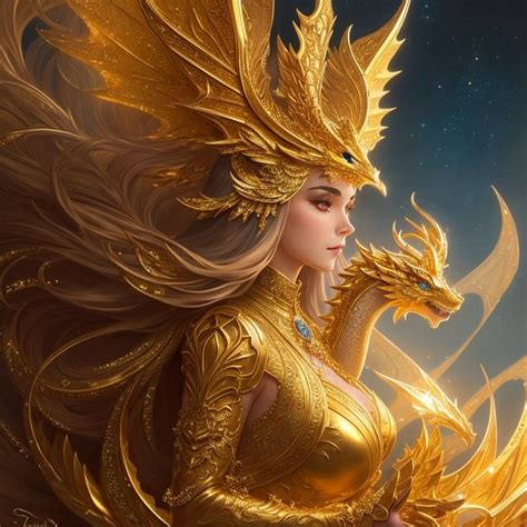 Fantastic Golden Dragon Girl Drachenbilder Fantasiekunst Drake
