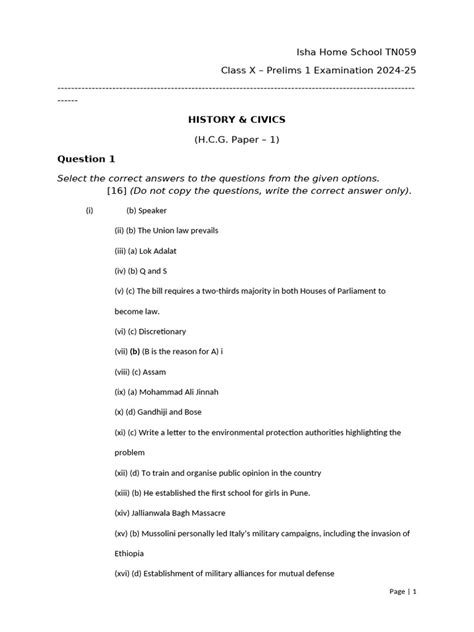 Class X History Prelims 1 Examination 2024 25 Answer Key Pdf Non