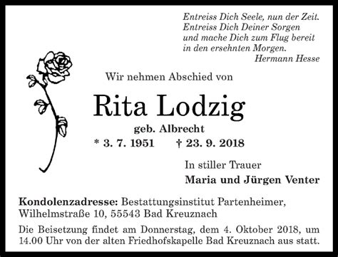Traueranzeigen Von Rita Lodzig Rz Trauer De