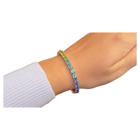 Natural Multi Stone 12 Carat Rainbow Tennis Bracelet Set In Silver For Sale At 1stdibs