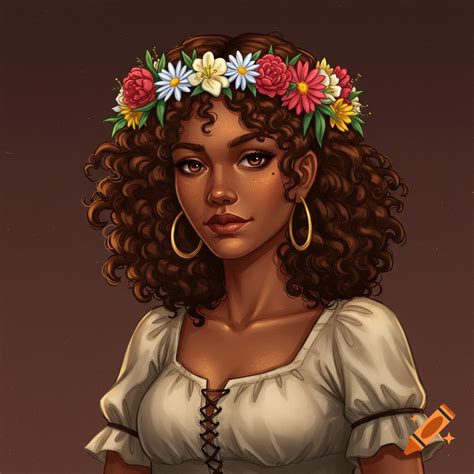 Digital Illustration Of A Young Woman With Curly Brown Hair And Dark
