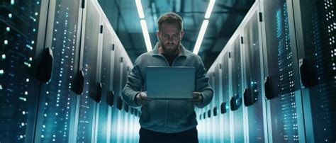 Premium Photo Data Center It Specialist Uses Laptop Server Farm Cloud