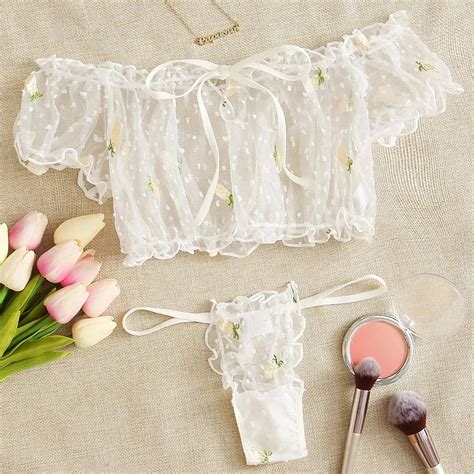 Super See Through Two Piece Embroidery Bra Thong Set Puffy Mesh Erotic