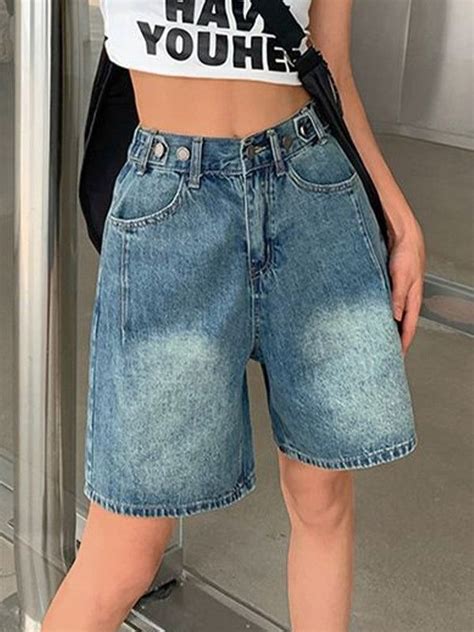 Blaue Vintage Crop Denim Shorts Mit Wasch Effekt In 2024 Cropped