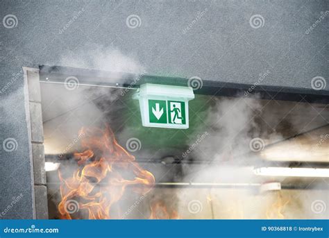 Emergency Fire Exit With Smoke And Fire Flames Stock Photo Image Of Detector Safety