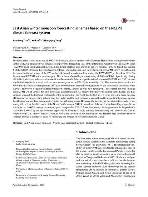 Pdf East Asian Winter Monsoon Forecasting Schemes Based On The Nceps