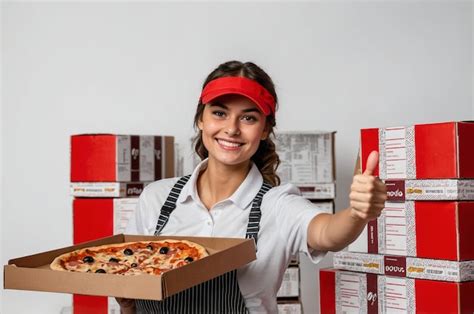 Pizza Delivery Girl Showing Thumb Up With Boxes Of Pizza On White