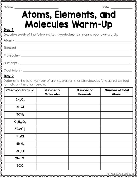 Atoms Elements And Molecules Warm Up Worksheet Studocu