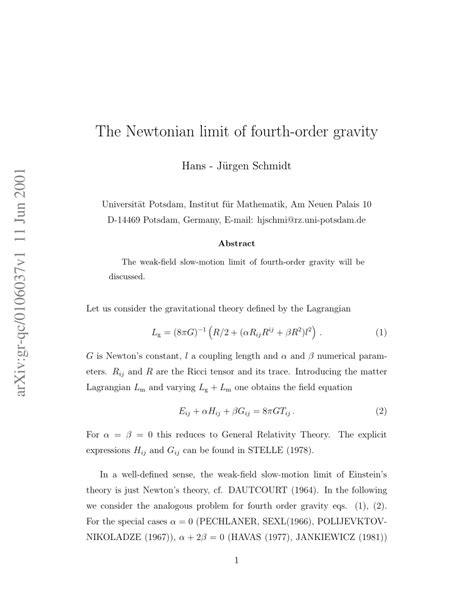 Pdf The Newtonian Limit Of Fourth Order Gravity