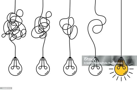 복잡한 문제 해결 프로세스 점진적 단순화 얽힌 전선에 전구 명확한 아이디어 단계별 사고 조직 매듭을 해명하십시오 지저분한 케이블 벡터 개념 전구에 대한 스톡 벡터 아트 및