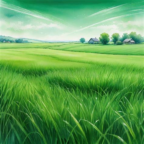 Drawing Field Of Lush Grass On Gentle And Grassy Grassland In Rural