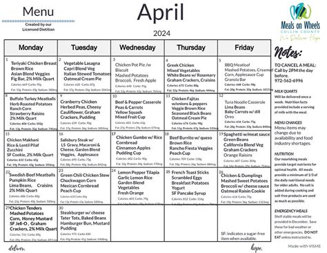 Monthly Menu Meals On Wheels
