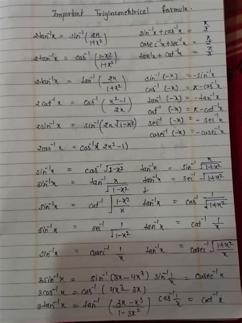 Class 1012 Important Triginometrical Formulas Mathematics