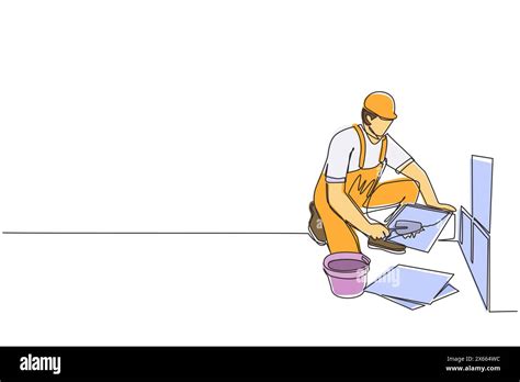 Single One Line Drawing Repair Worker Laying Ceramic Wall Tile Professional Tiler In Uniform