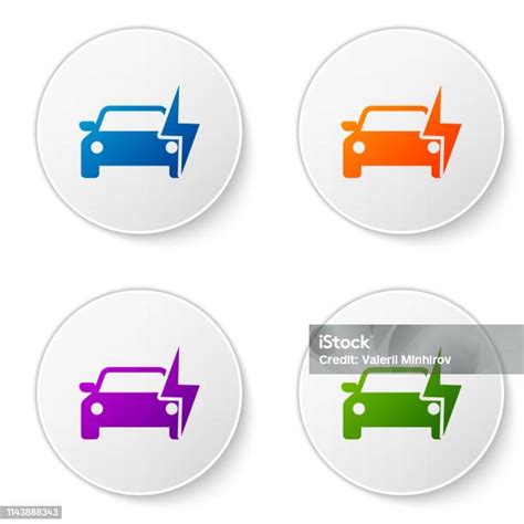 컬러 전기 자동차 및 전기 케이블 플러그 충전 아이콘 흰색 배경에 고립 신 재생 에코 테크놀로지 원 버튼의 색상 아이콘을 설정 합니다 벡터 일러스트 0명에 대한 스톡 벡터