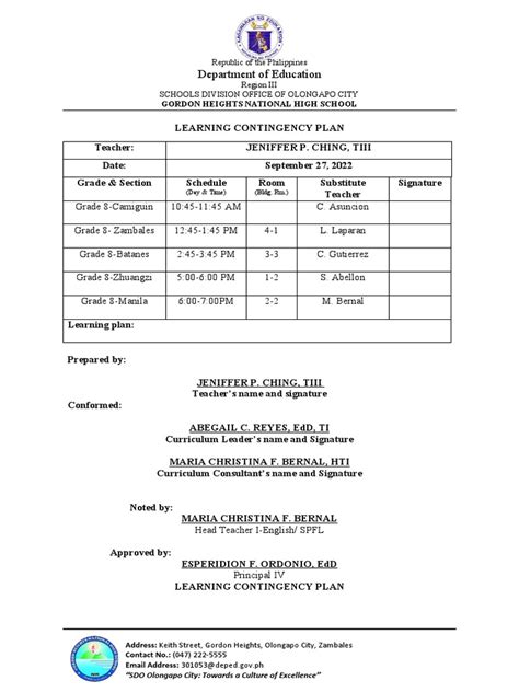Learning Contingency Plan Template Pdf