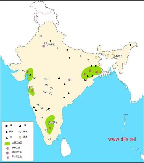 印度矿产资源、棉花、黄麻和工业的分布图 世界地图全图 地理教师网