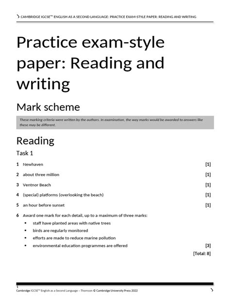 Igcse Esl 6ed Tr Practice Exam Style Reading And Writing Marking Scheme