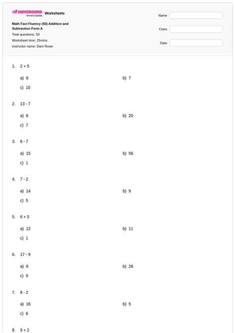 50 Math Fact Fluency Worksheets For Class 4 On Wayground Free
