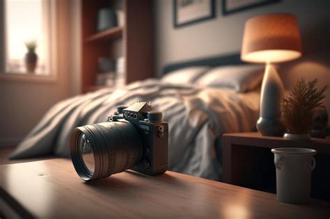 Premium Ai Image A Camera On A Table In A Bedroom With A Lamp On The Table