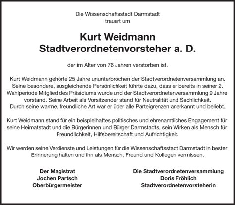 Traueranzeigen Von Kurt Weidmann Vrm Trauer De