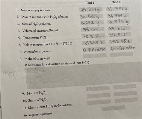 Solved Trial 1trial 2mass Of Empty Test Tubemass Of Test