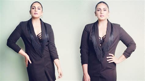 Huma Qureshi Makes A Bold Statement In Black Blazer Dress With Matching Hot Lace Bralette Pics