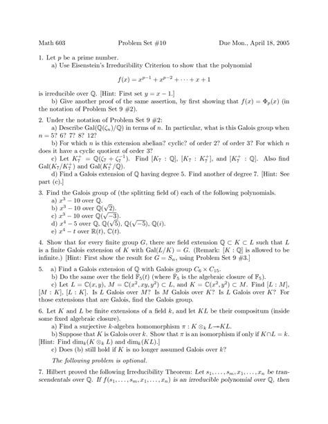 Problem Set 10 Algebra 2005 Math 603 Docsity