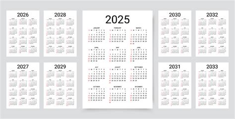 2025年2026年2027年2028年2029年2030年2031年2032年2033年のカレンダーテンプレートの年間プランナーベクトル