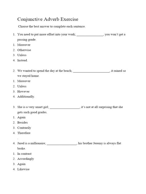 conjunctive adverb exercise pdf