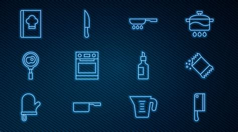 세트 라인 고기 다지기 후추 패킷 프라이팬 오븐 튀김에 계란 후라이 요리책 병 올리브 오일 및 칼 아이콘 벡터 고기에 대한 스톡 벡터 아트 및 기타 이미지 Istock