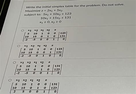 Solved O O O Write The Initial Simplex Table For The