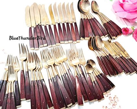 Vintage Brass Flatware Mid Century Modern Flatware Brass And Wood Flatware Teak Flatware Service