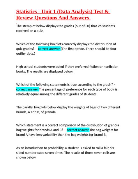 Statistics Unit 1 Data Analysis Test And Review Questions And Answers